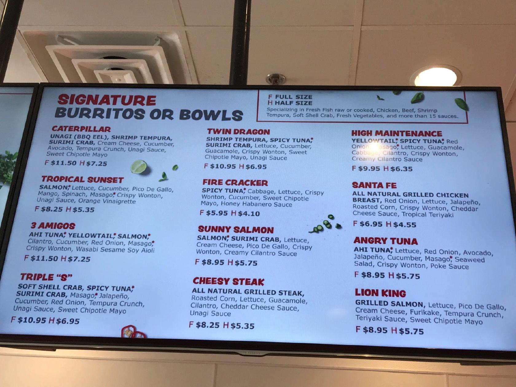 Menu at SOHO Sushi Burrito fast food, Las Vegas, Badura Ave