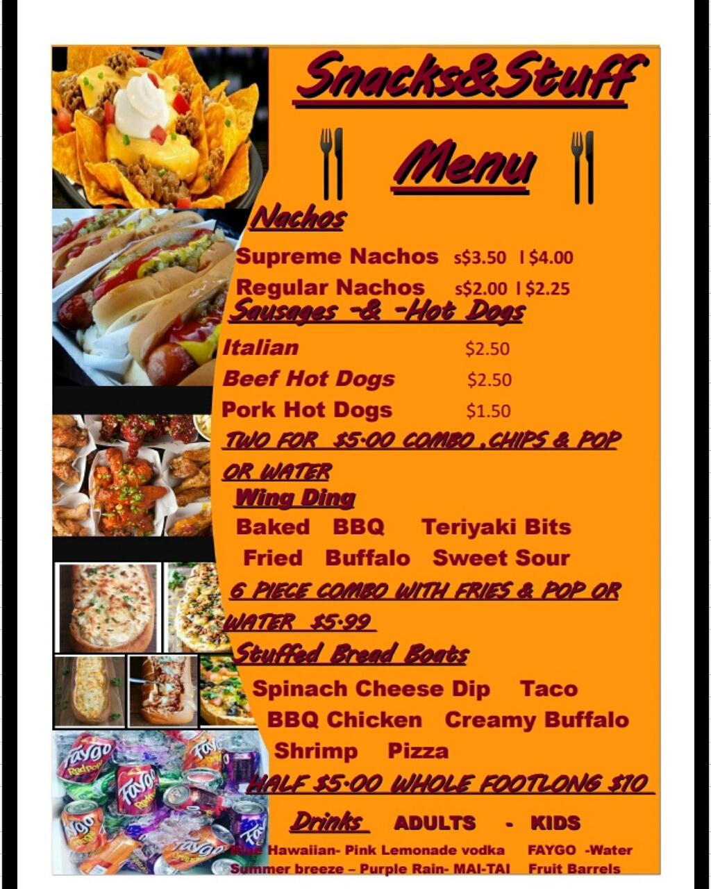 Menu at Snacks & Stuff, Warren