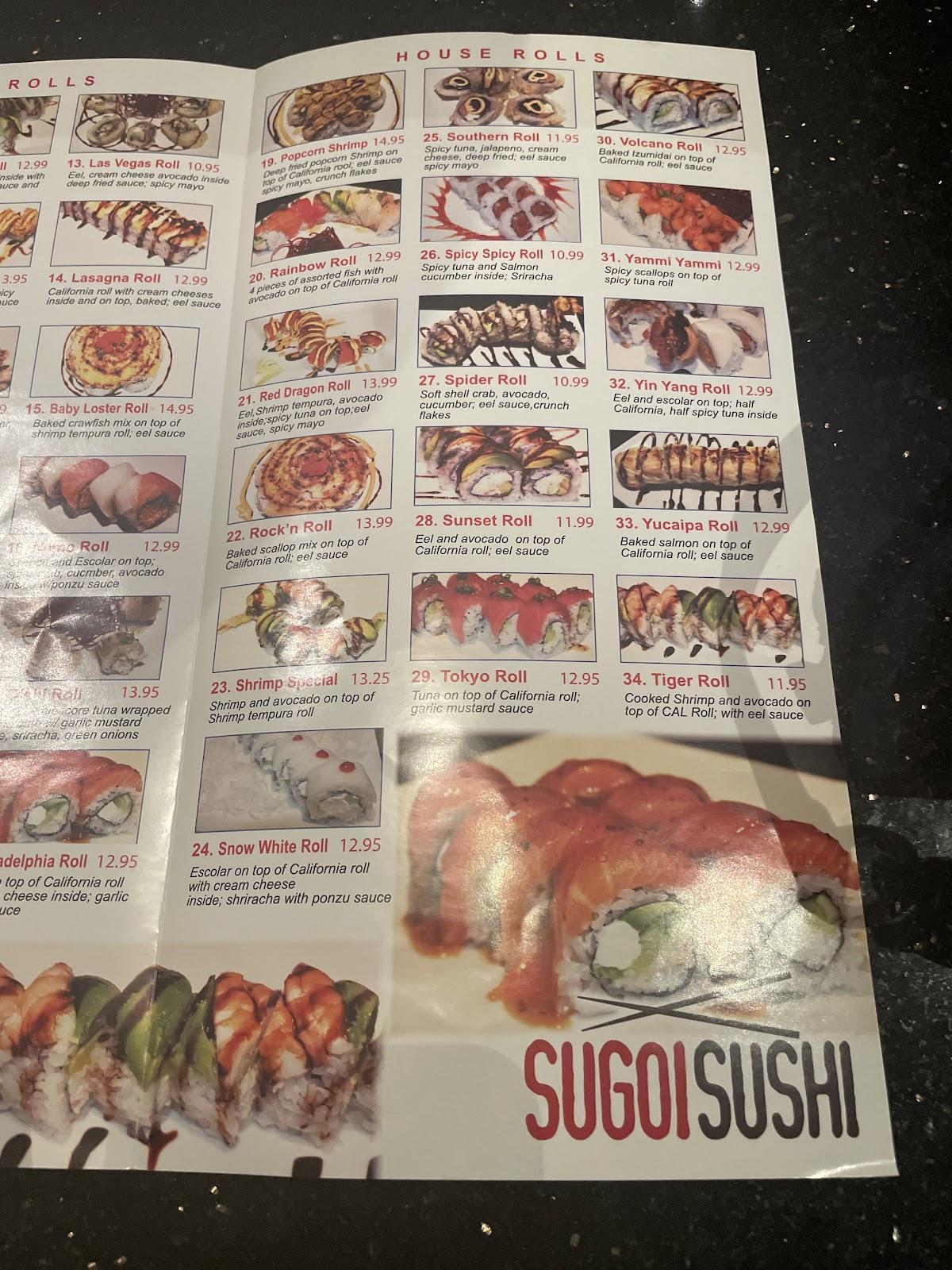 Menu at Sugoi Sushi restaurant, Beaumont