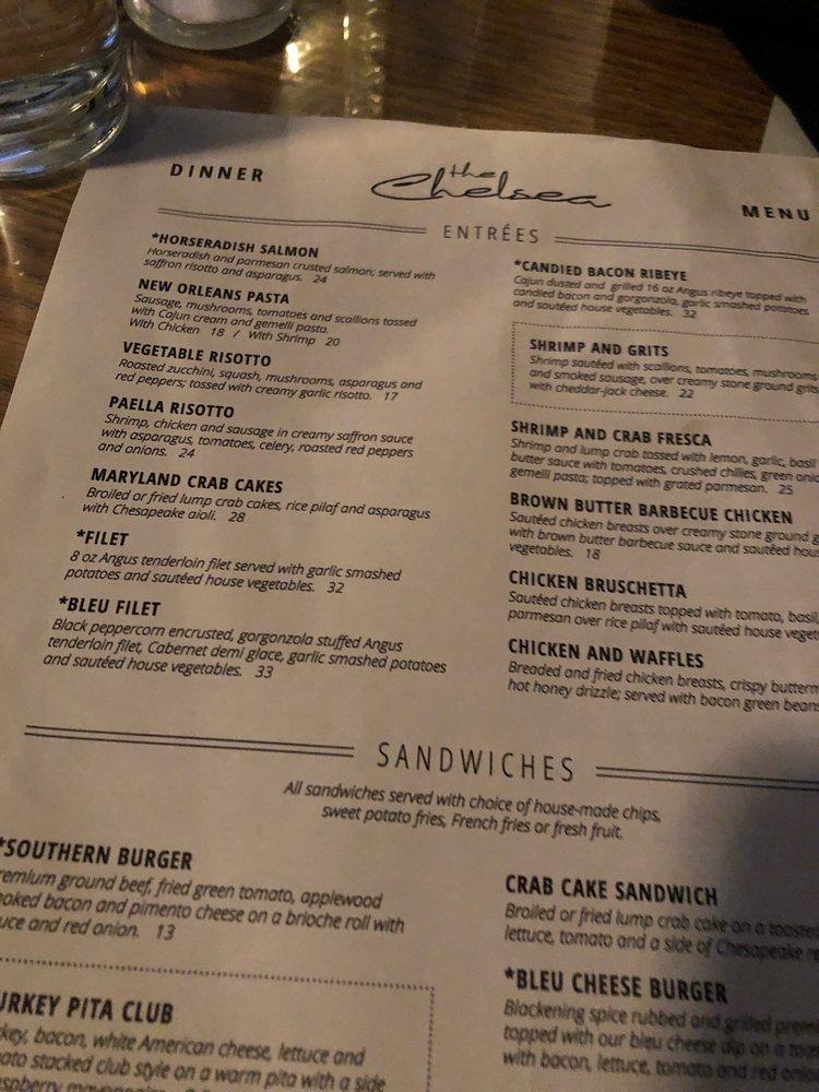 Menu at The Chelsea restaurant, New Bern