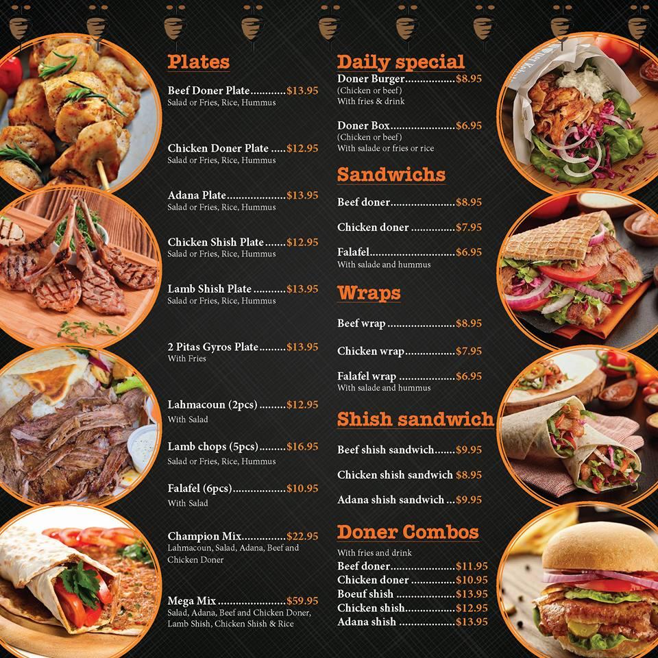 Menu at Champion Döner restaurant, Vaughan