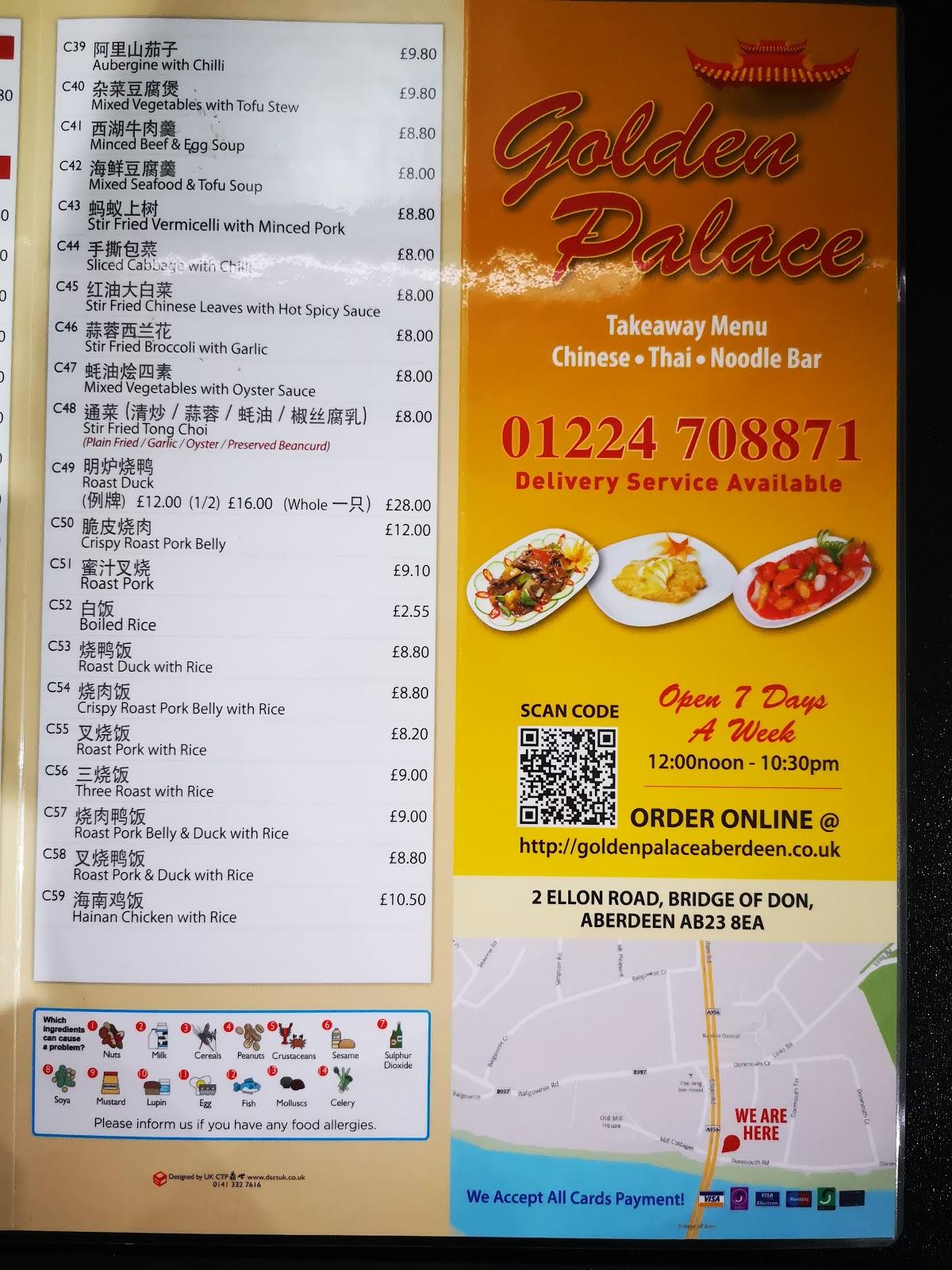 Menu at Golden Palace restaurant, Aberdeen