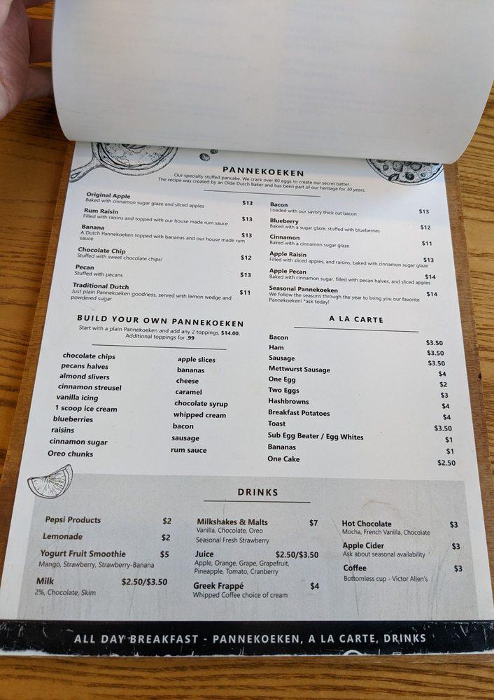 Menu at Hollandberry Pannekoeken cafe, Rochester