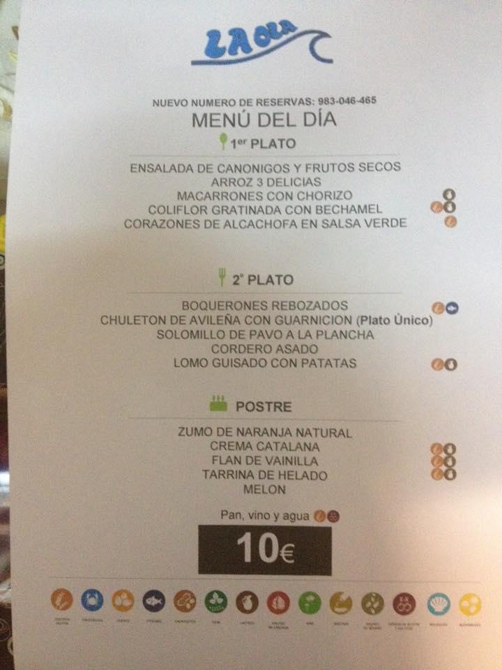 Menu at La Ola pub & bar, Valladolid