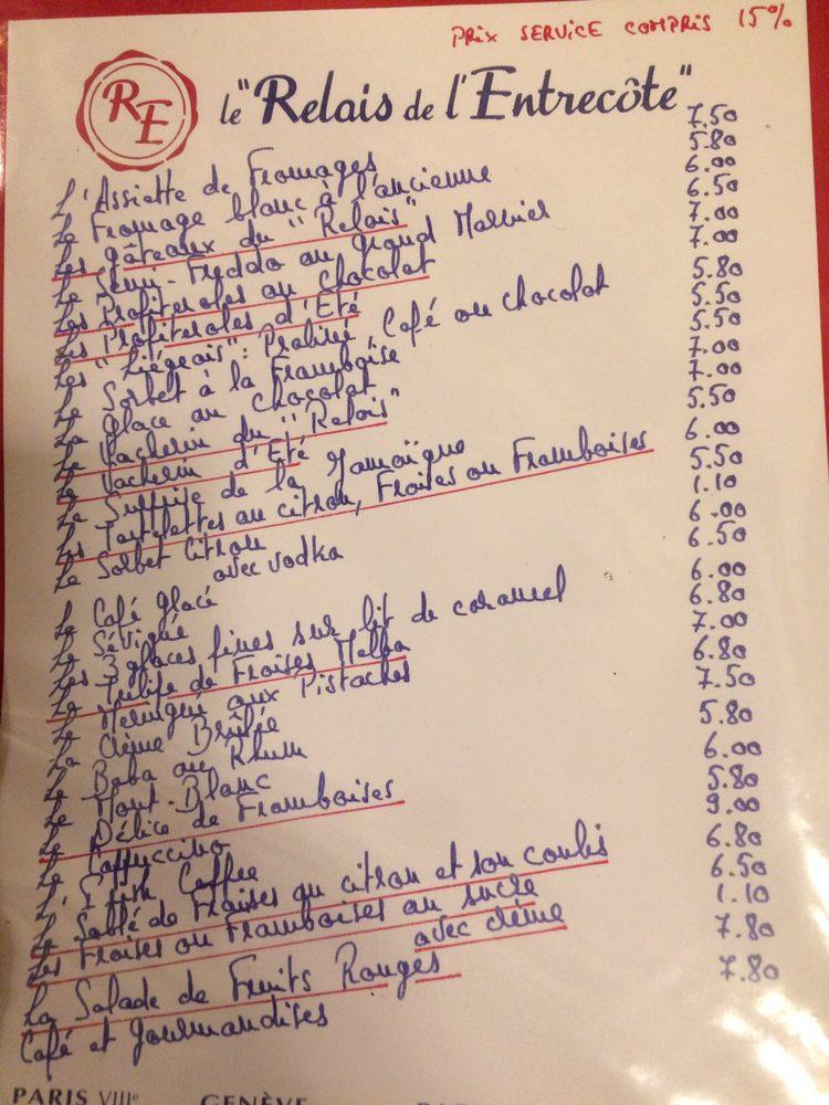 Menu au Le Relais de l'Entrecôte restaurant à viande, Paris, 15 Rue Marbeuf