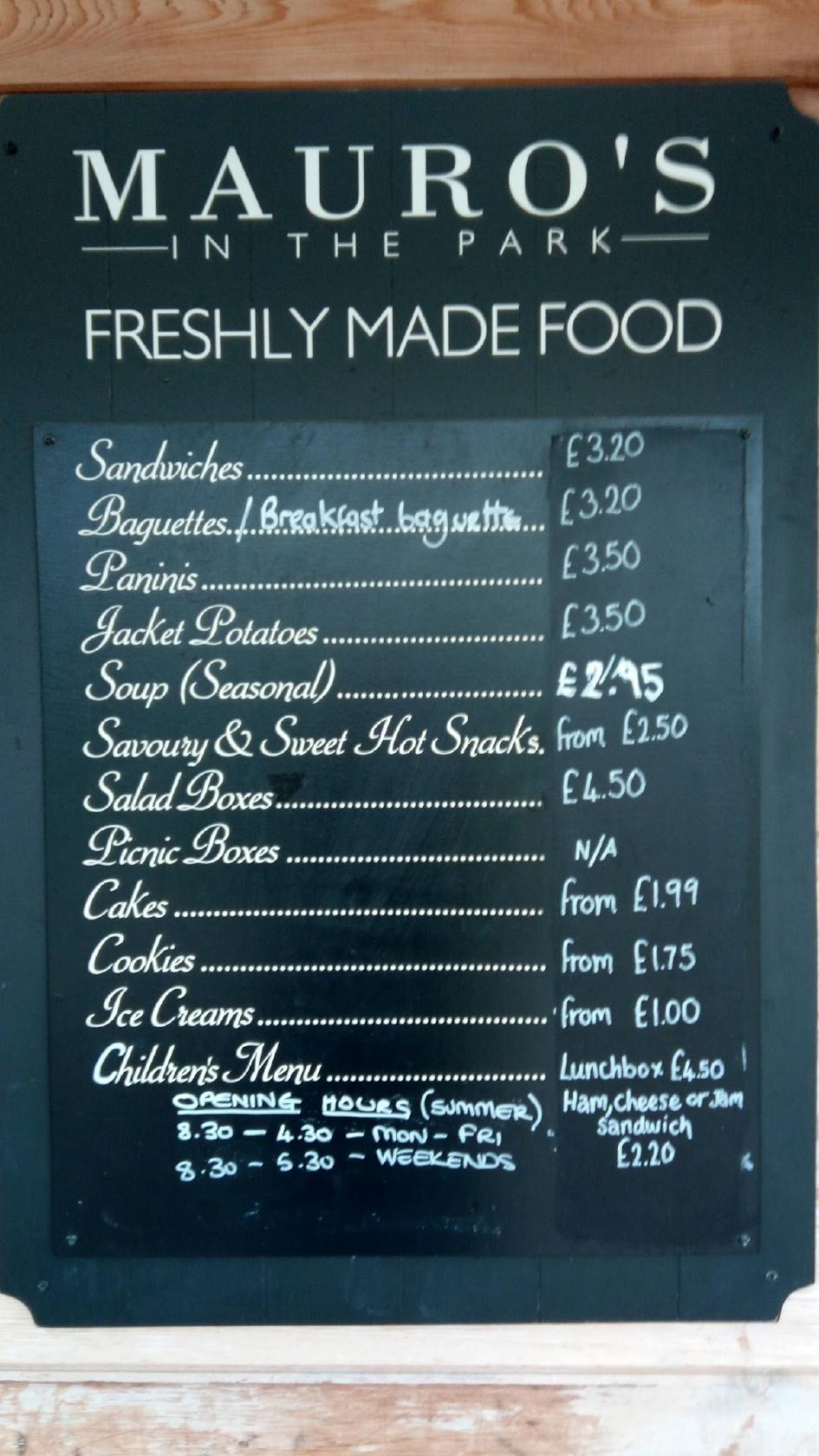 Menu at Mauros In The Park restaurant, Chelmsford