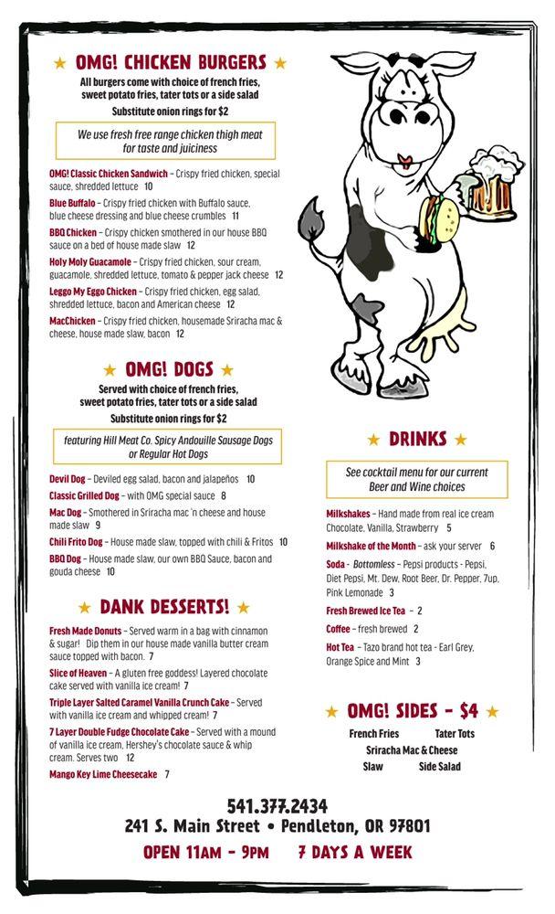 Menu at OMG! Burgers & Brew pub & bar, Pendleton