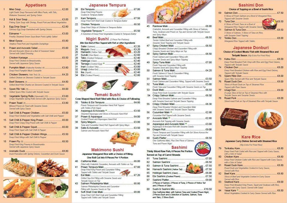 Menu at Sakura restaurant, Brandon