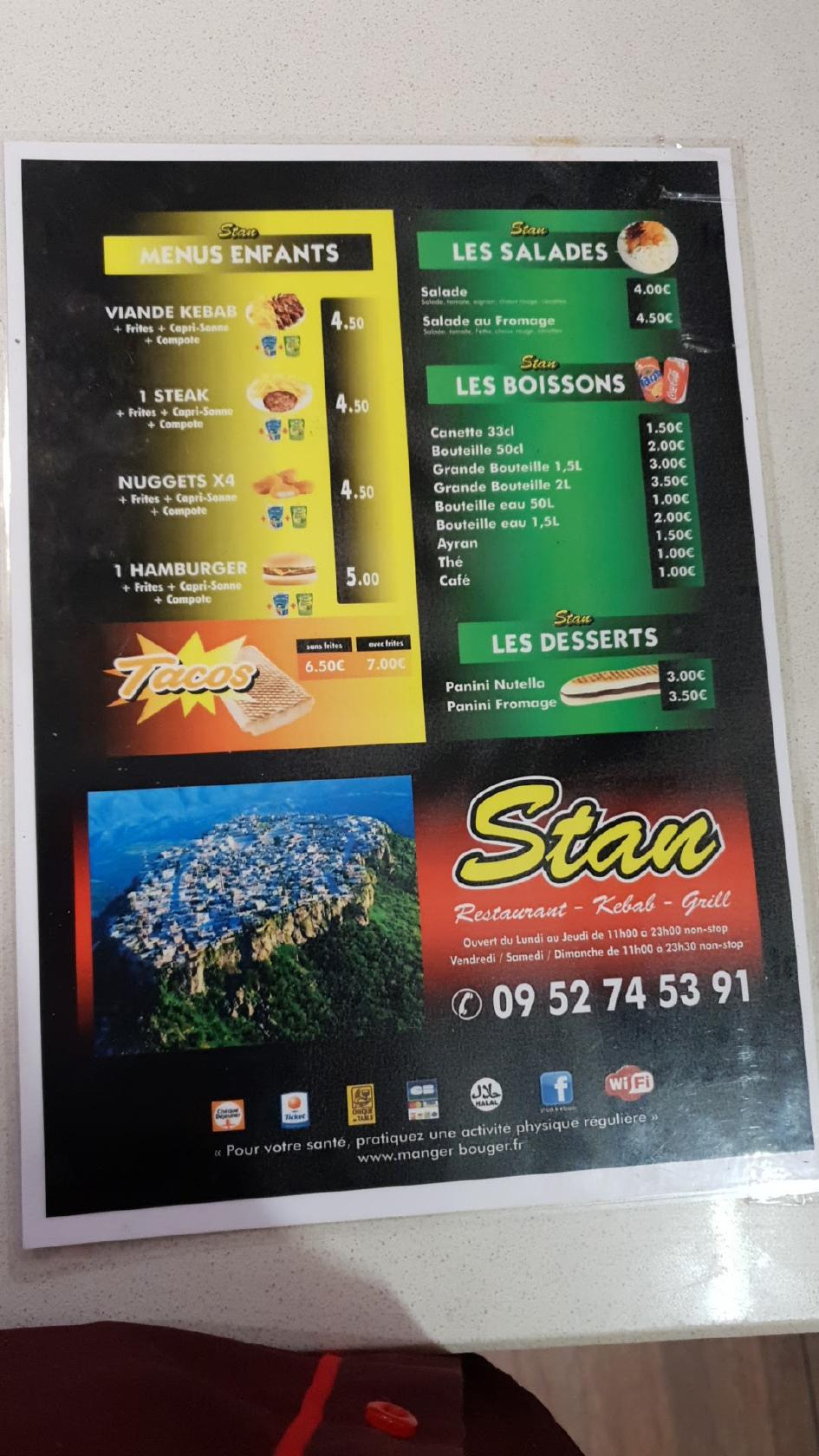 Menu au Stan Kebab fast food, Le Cendre