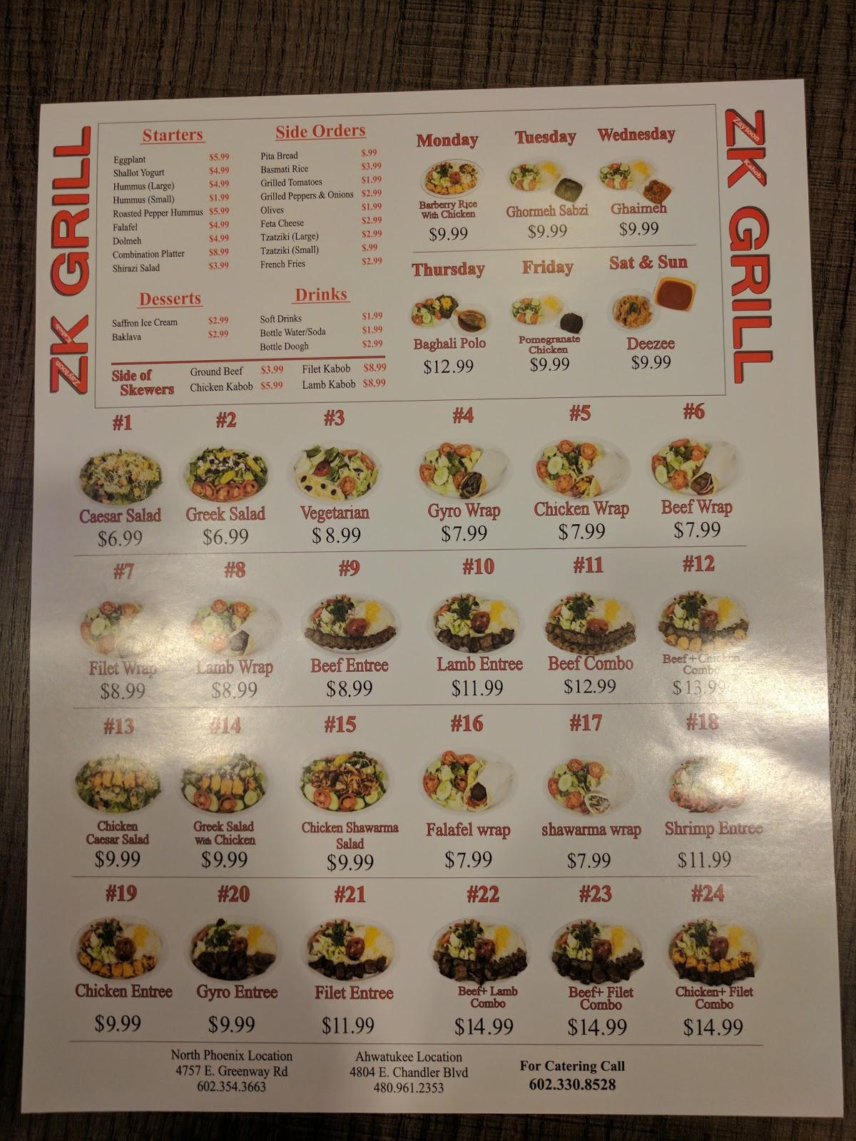 Menu at ZK Grill restaurant, Phoenix, E Greenway Rd