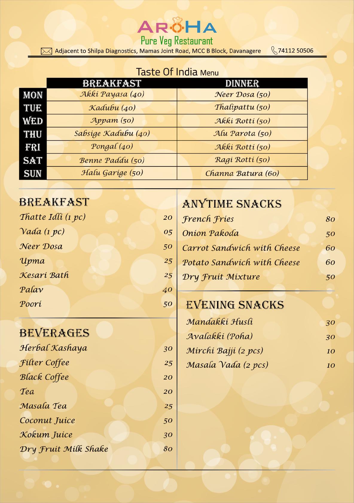 Menu at AroHa's Deccan Delicacies Restaurant (Veg & Non-Veg), Davanagere