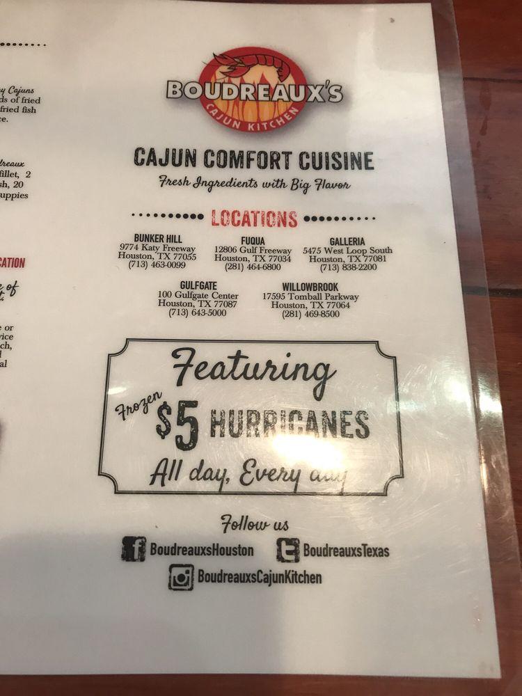 Menu at Boudreaux's Cajun Kitchen restaurant, Houston, 100 Gulfgate Mall