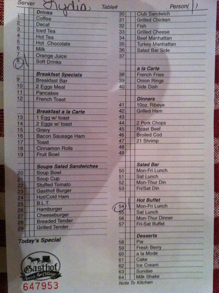 Menu at Gasthof Amish Village pub & bar, Montgomery