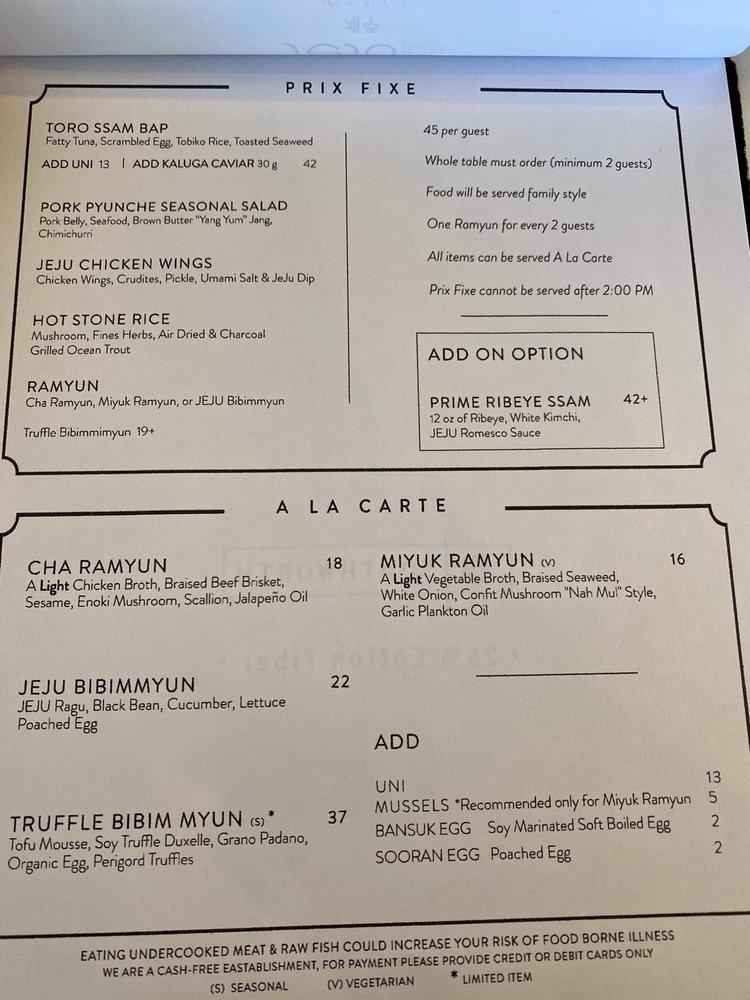 Menu at Jeju Noodle Bar, New York City