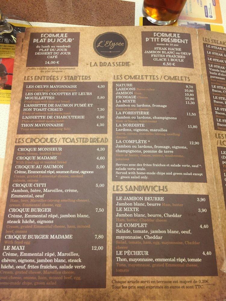 Menu at L’Élysée pub & bar, Arras