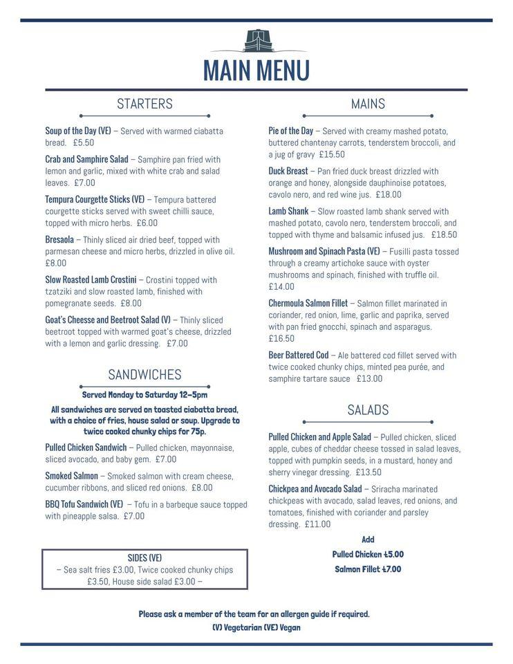 Menu at Narrow Boat at Weedon, Pub Restaurant, Bed & Breakfast Hotel ...