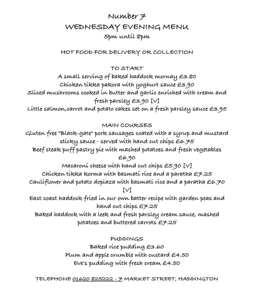Menu at Number 7 restaurant, Haddington