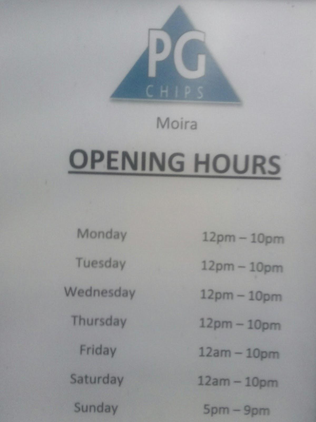 Menu at PG Chips fast food, Moira