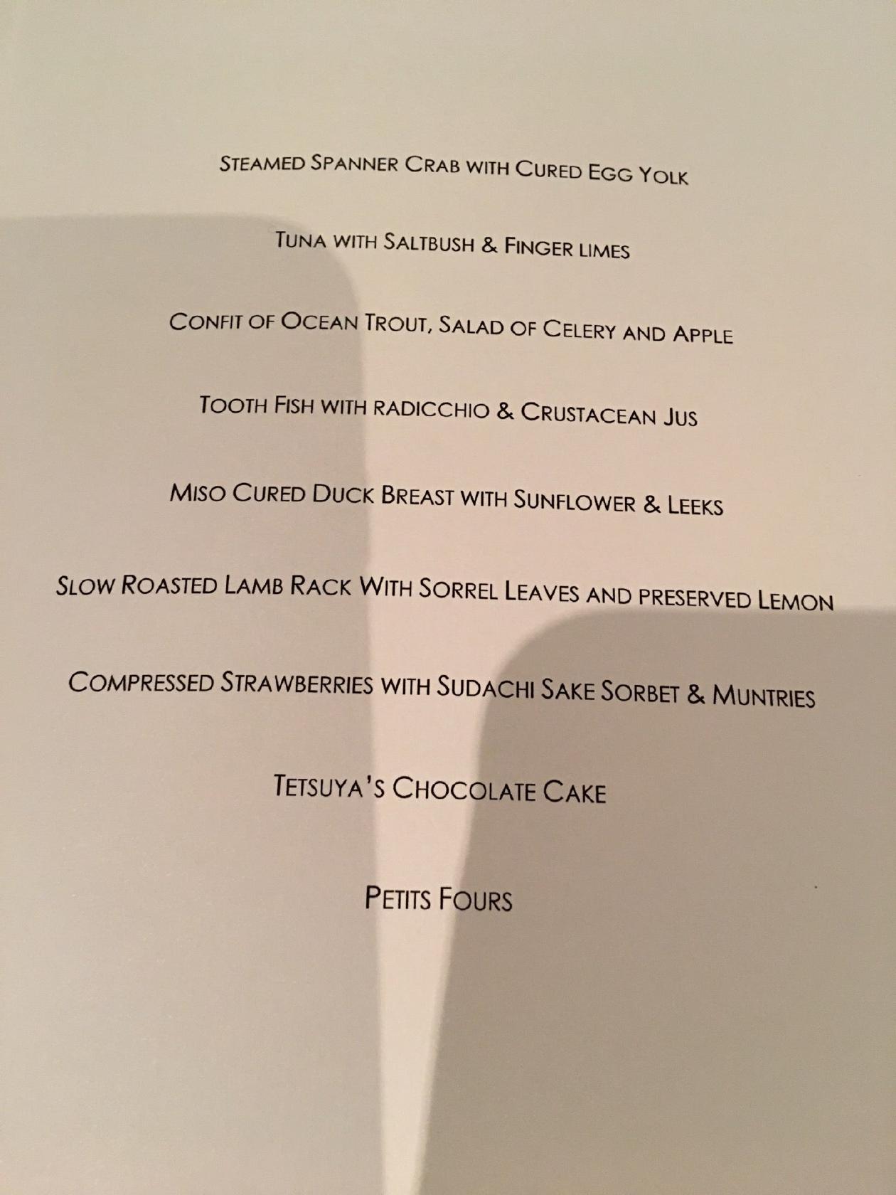 Menu at Tetsuya's Restaurant, Sydney