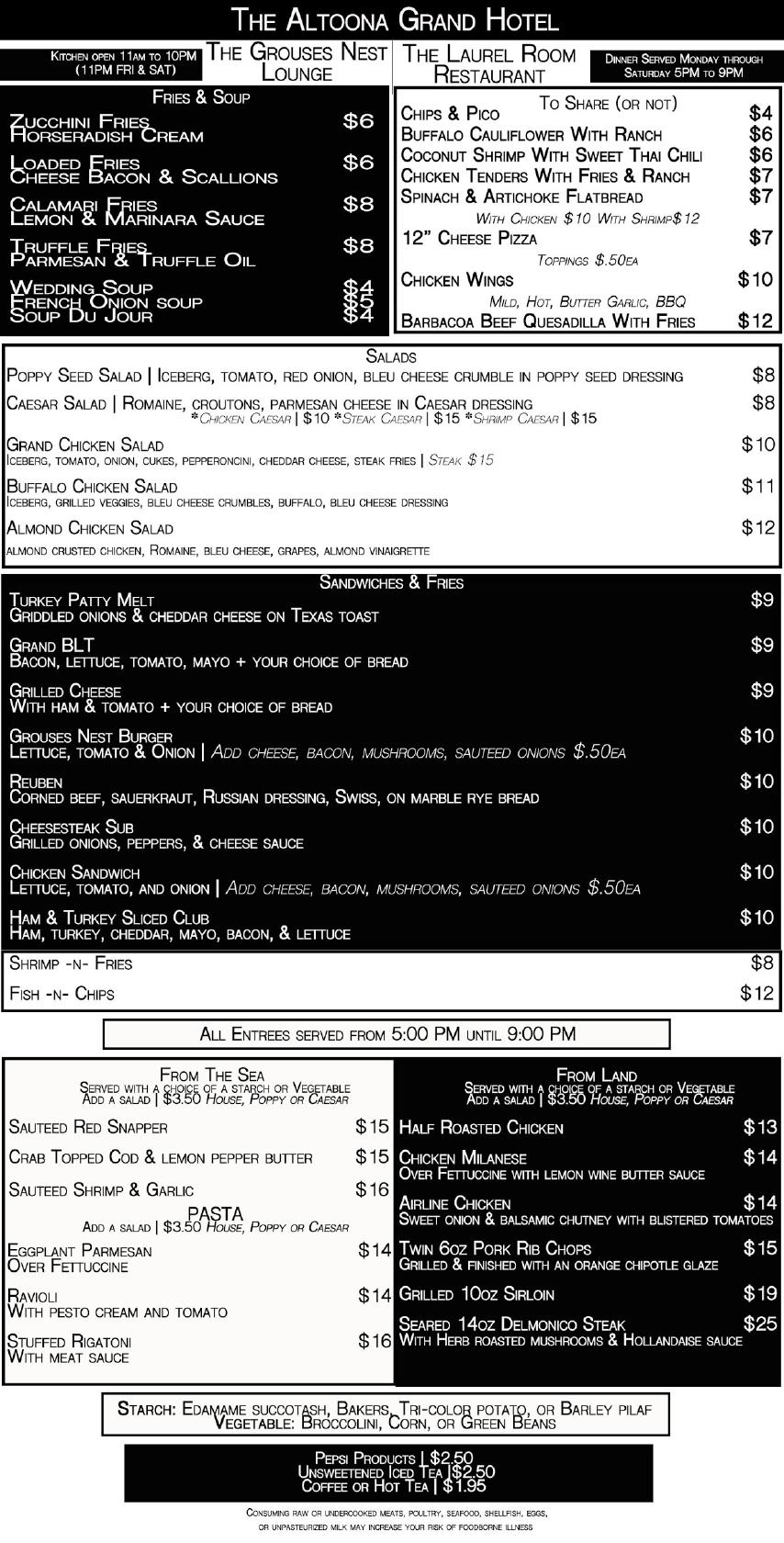 Menu at The Grouse's Nest pub & bar, Altoona