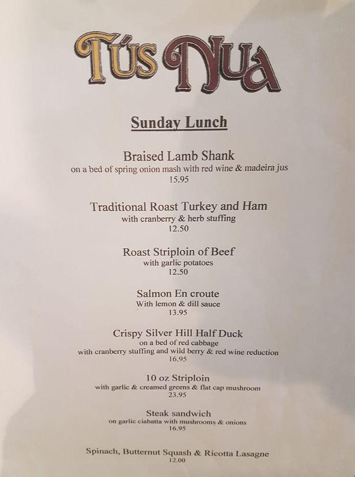 Menu at Tus Nua Restaurant, Longford
