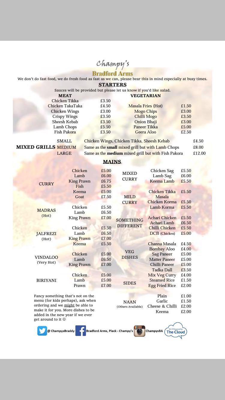 Menu at Champy's Bradford Arms pub & bar, Walsall, 504 Pleck Rd
