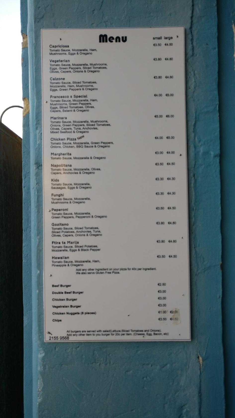 Menu at Francesco's restaurant, Żebbuġ