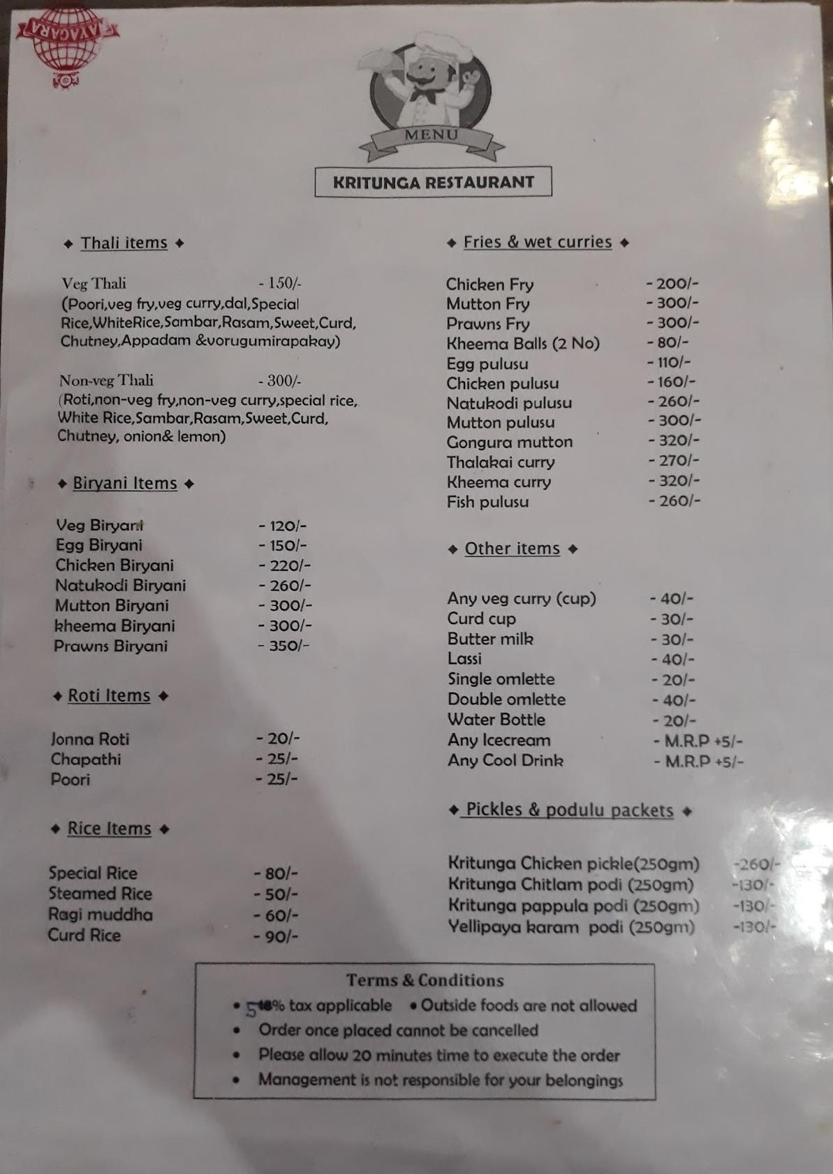 Menu at Kritunga Restaurant, Kurnool