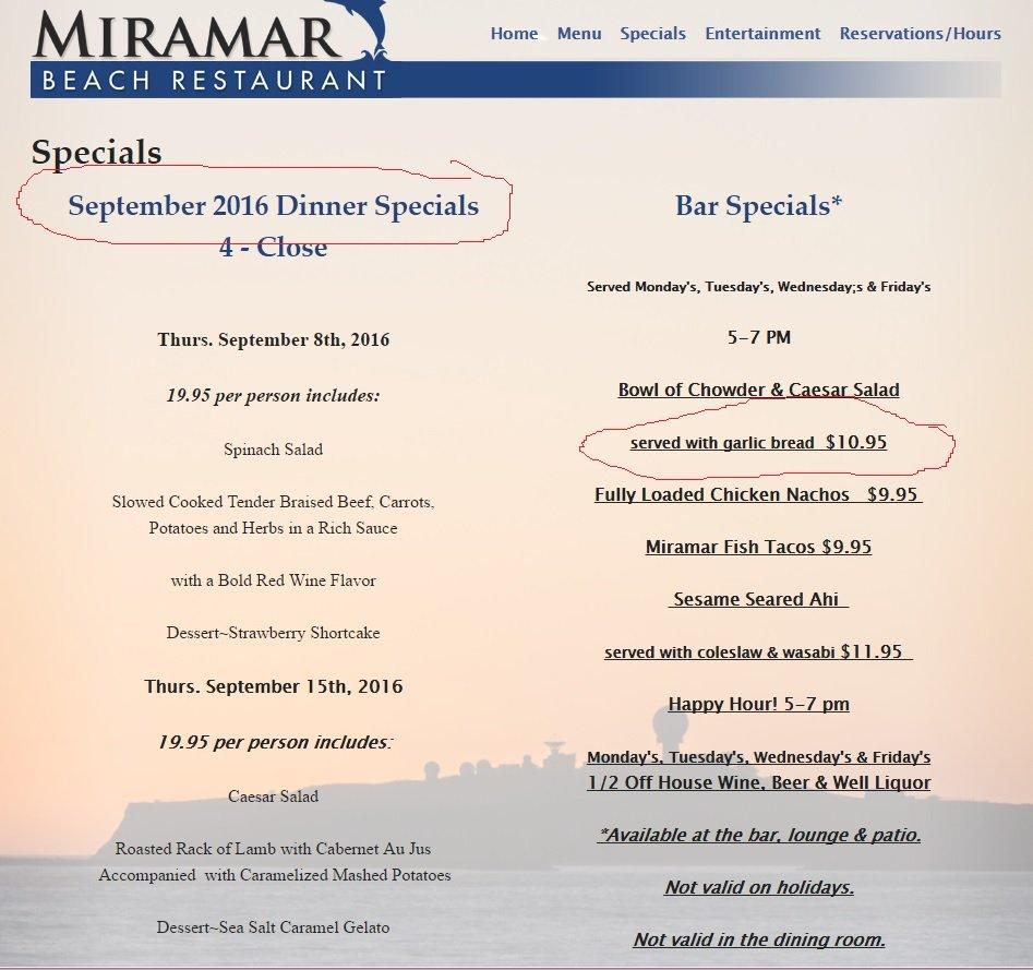 Menu at Miramar Beach Restaurant, Half Moon Bay