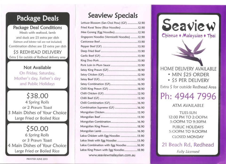 Menu at Seaview Malaysian restaurant, Redhead