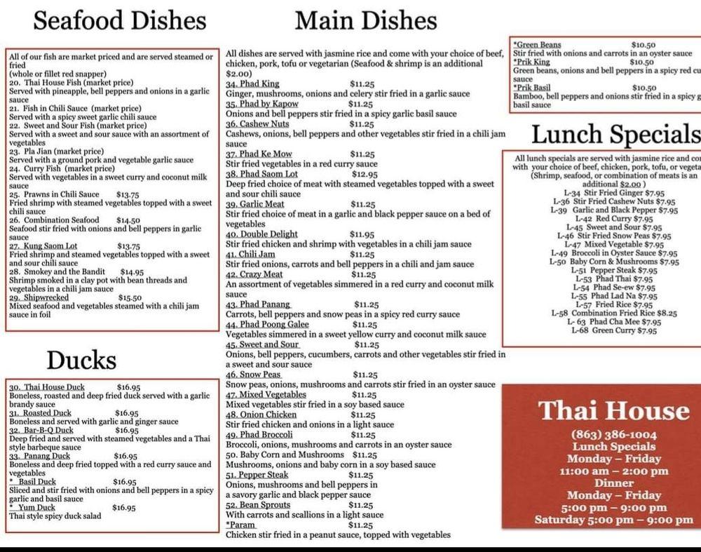 Menu at Thai House restaurant, Sebring
