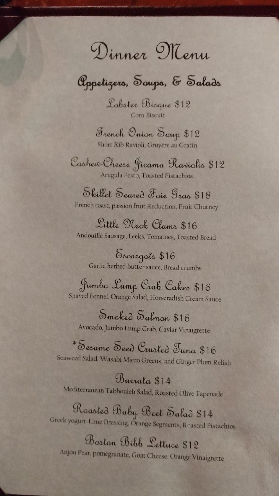 Menu at Copper Beech Inn restaurant, Essex