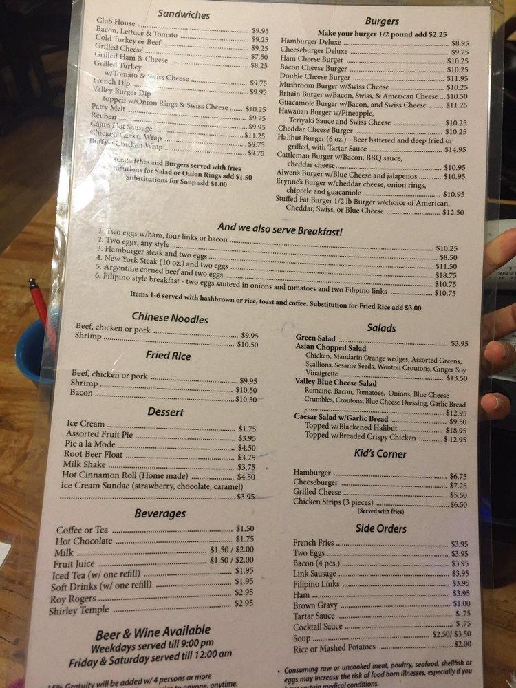 Menu at Valley Restaurant, Juneau, Glacier Hwy