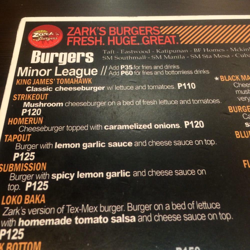 Menu at Zark's Burgers restaurant, Cebu City, SM City Cebu