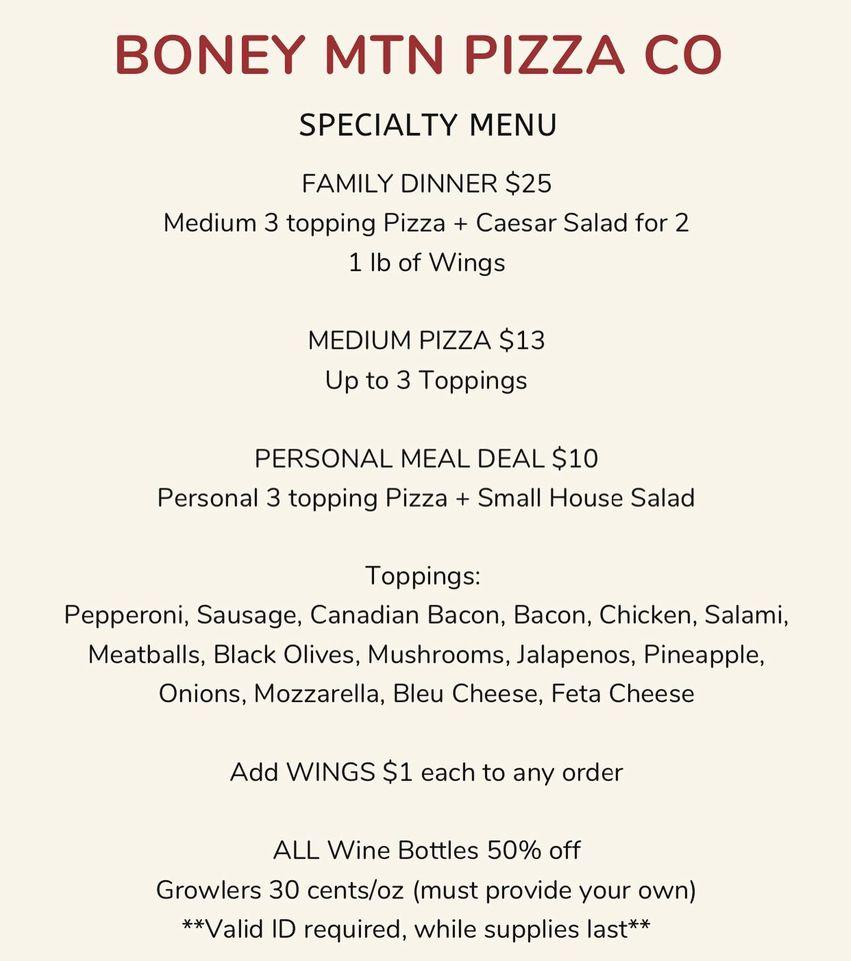 Menu at Boney Mountain Pizza Co. pub & bar, Thousand Oaks