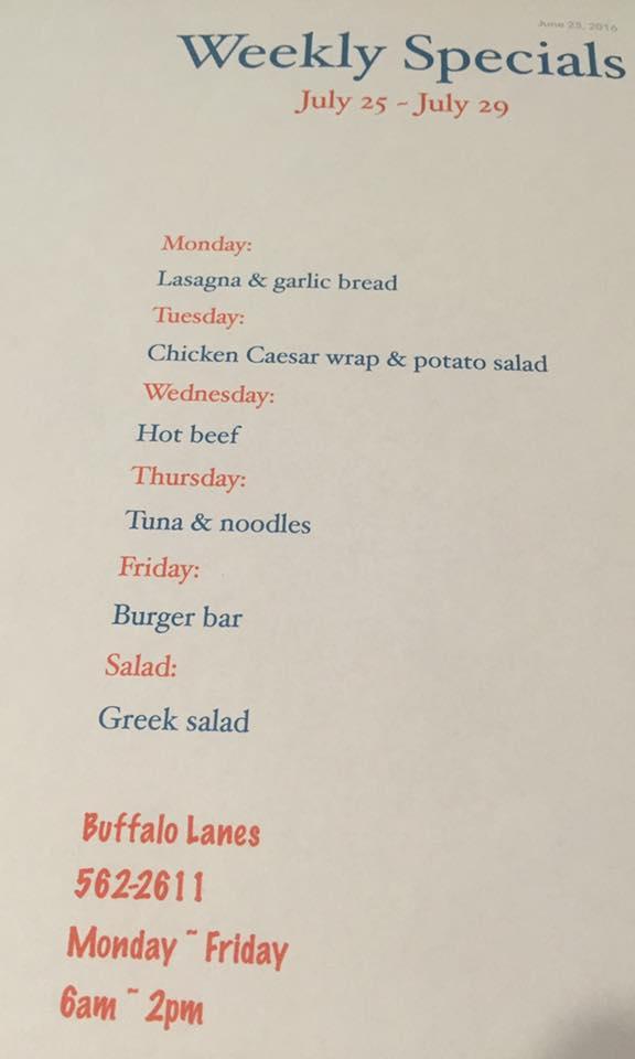 Menu at Buffalo Lanes, Buffalo Center