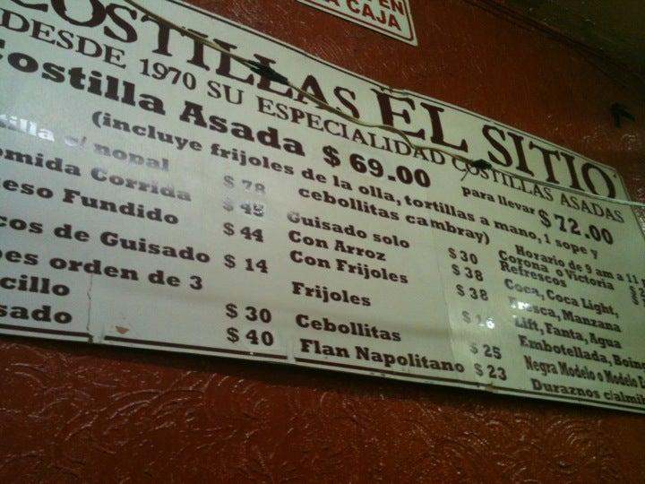 Menu at Costillas el sitio restaurant, Mexico City, 84 06000 de