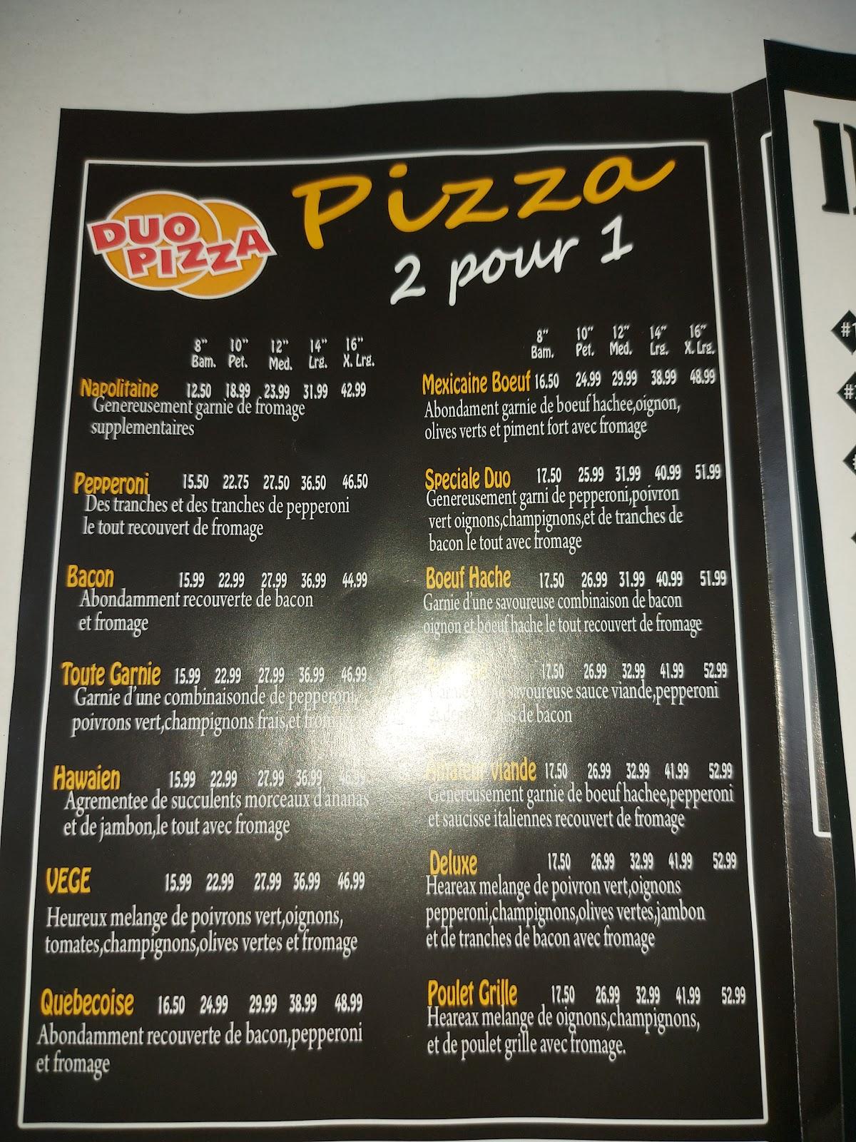 Menu au Duo Pizza Inc pizzeria, Brossard