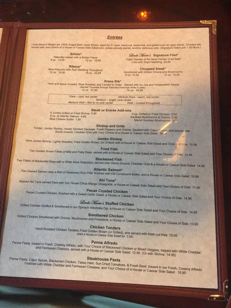 Menu at Linde Marie's Steakhouse on the Square, Cave Spring