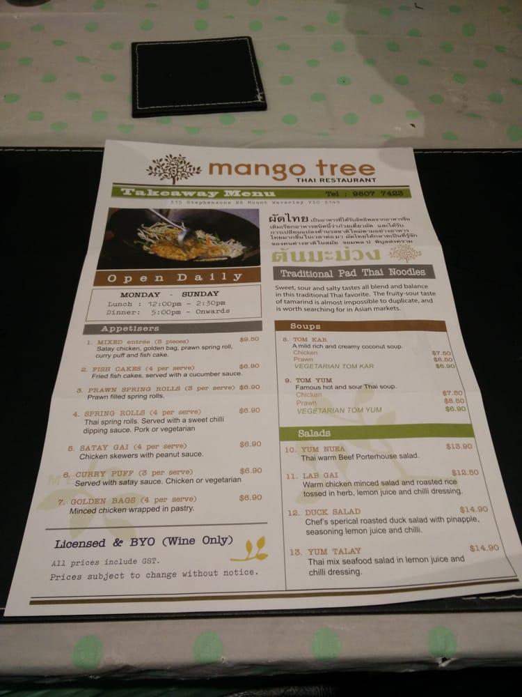 Menu at Mango Tree Thai restaurant, Mount Waverley