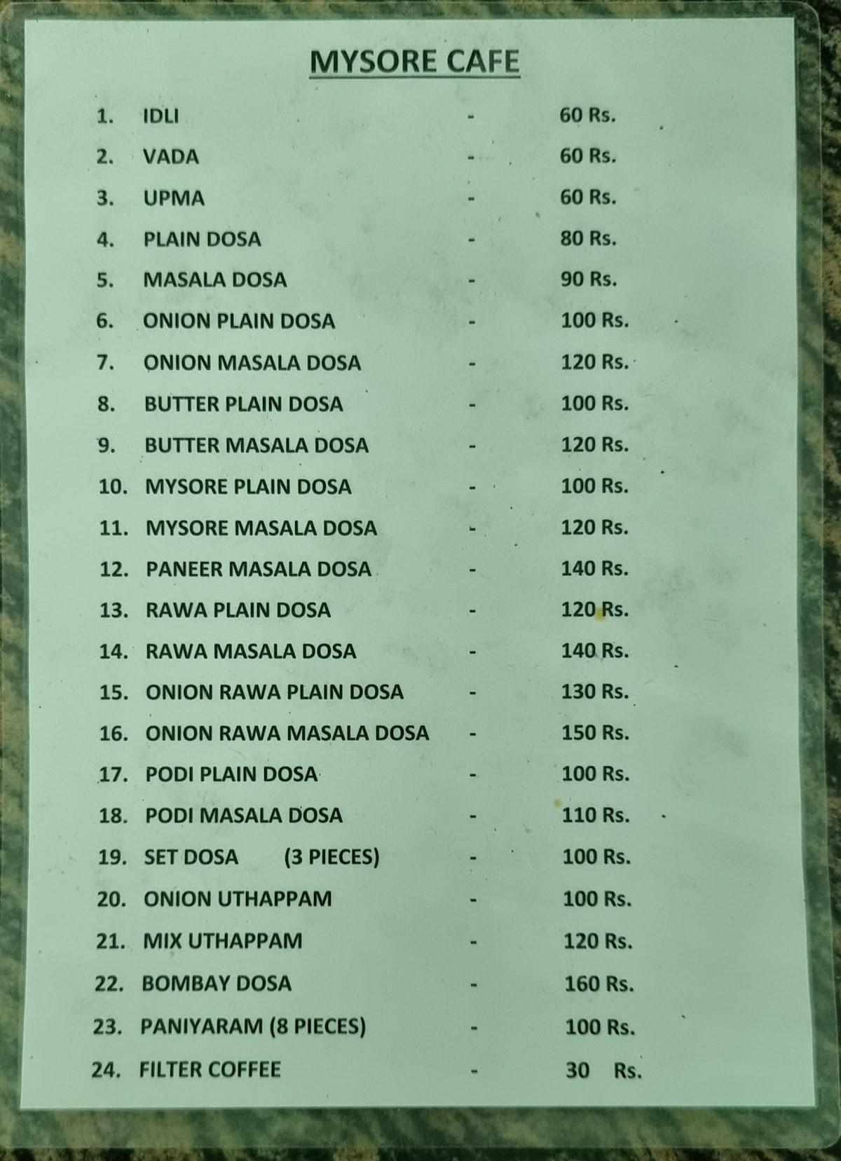 Menu at Mysore Cafe, New Delhi, 12, South Avenue Market