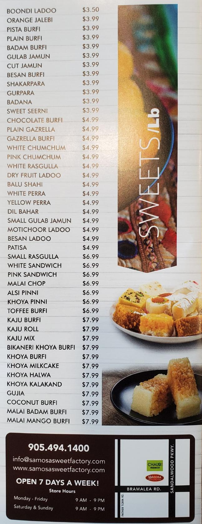 Menu at Samosa and Sweet Factory restaurant, Brampton, Bramalea Rd