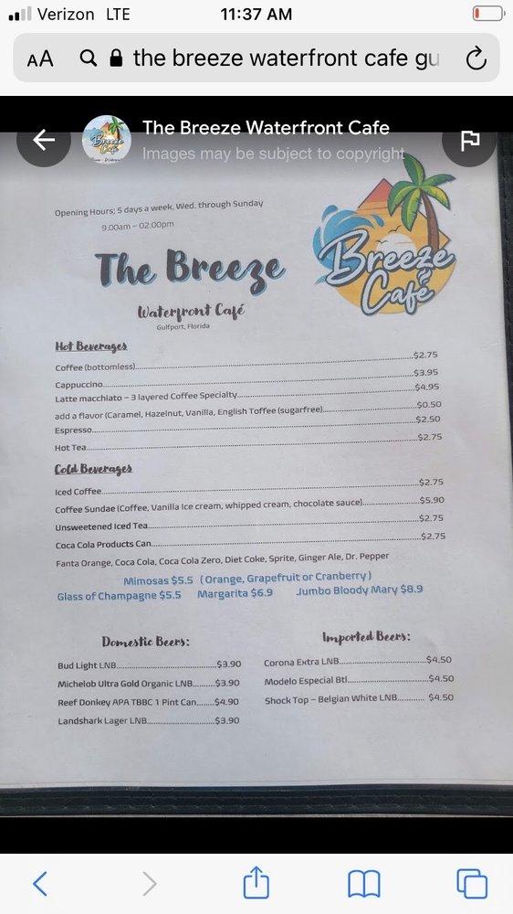 Menu at The Breeze Waterfront Cafe, Gulfport