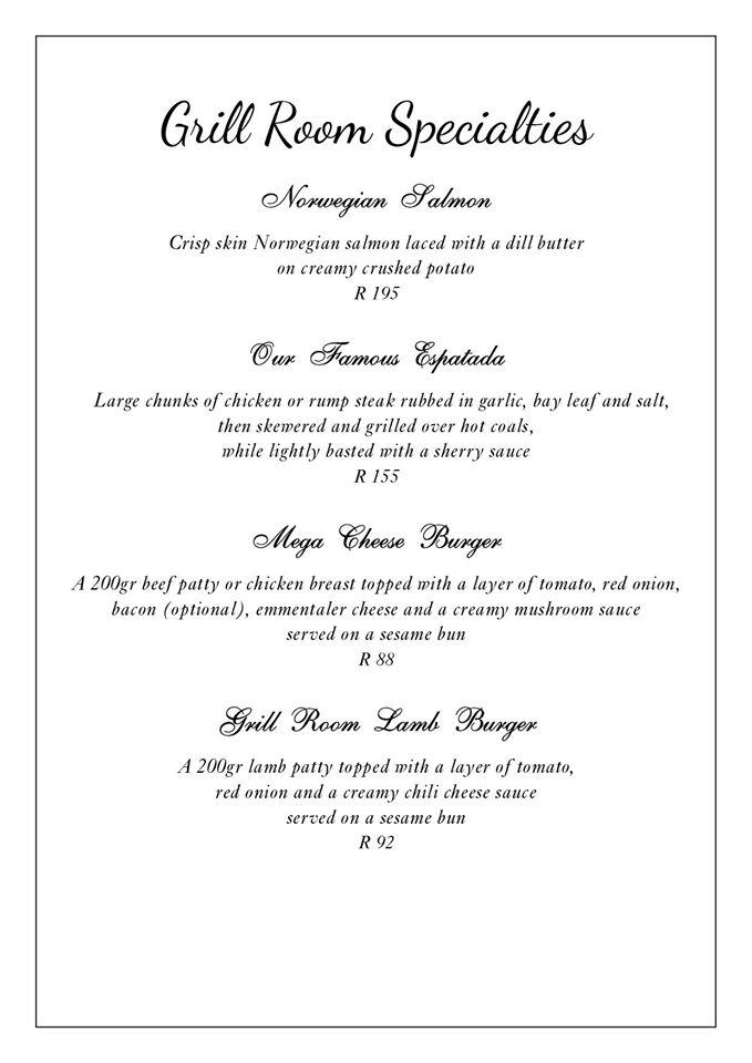 Menu at The Grill Room restaurant, East London