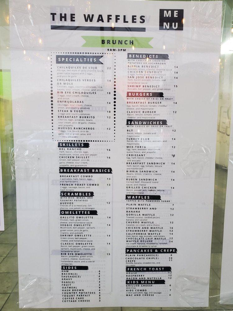 Menu at The Waffles restaurant, San Jose
