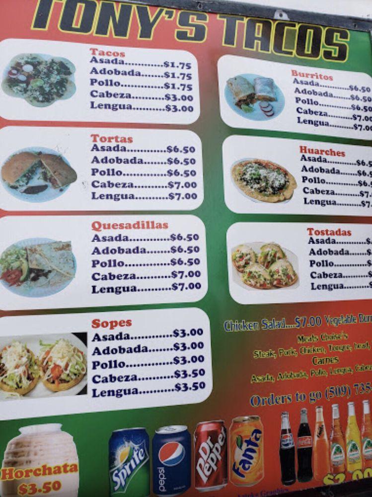 Menu at Tony's Tacos restaurant, Kennewick, W Clearwater Ave