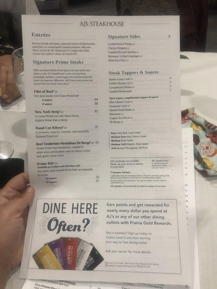 Menu at AJ's Steakhouse, Altoona