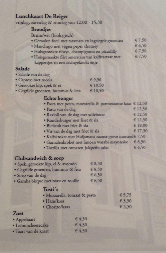 Menu at Café Restaurant De Reiger, Amsterdam