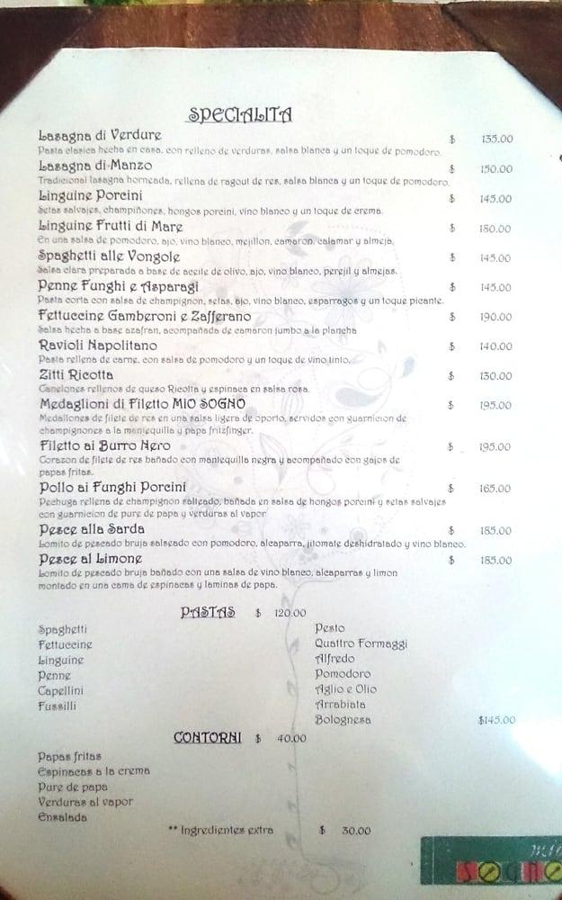 Carta de Mío Restaurante, Ciudad de México