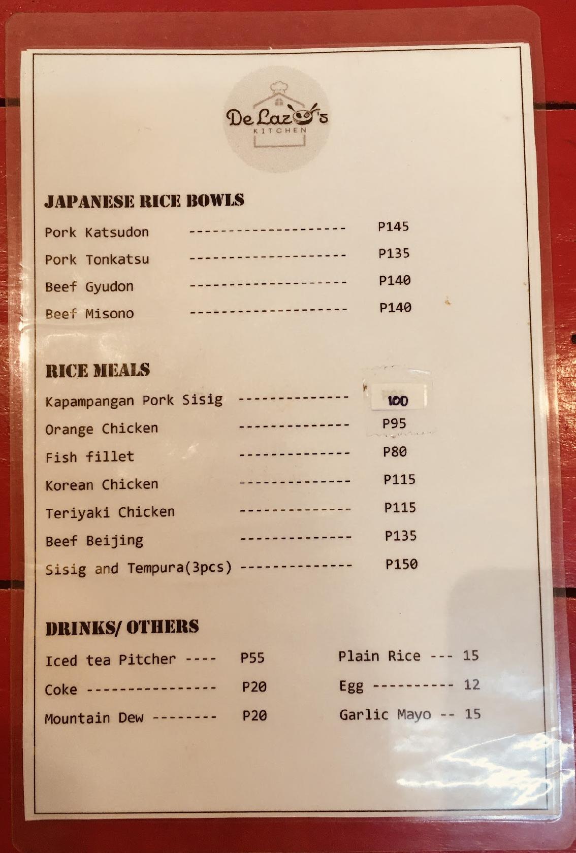 Menu at De Lazo's Kitchen restaurant, Balayan